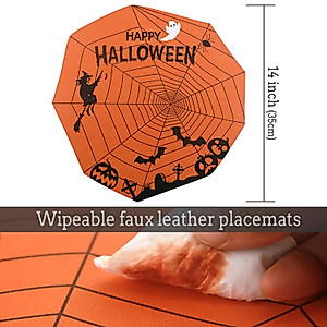 FemGe Halloween Placemats Set of 4 Ghost Bat Horror Orange Table Mats Round Faux Leather Thick Placemats Machine Washable Non-Slip Heat Resistant Place Mats for Kitchen Table Holiday Decor 14 Inch