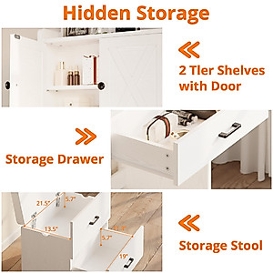LIKIMIO Vanity Desk Set with Mirror and Light, Small Compact Makeup Vanity Desk with Drawers and Charging Station, with Hidden Storage and Comfortable Stool