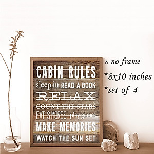 VNWEK Cabin Rules Life Is Better At The Cabin Wood Grain Wall Art Poster Prints Unframed 8”x10”Set Of 4,Cabin Themed Decorations for Home Cabin Front Porch Lake House Porch,Cabin Lovers Gifts