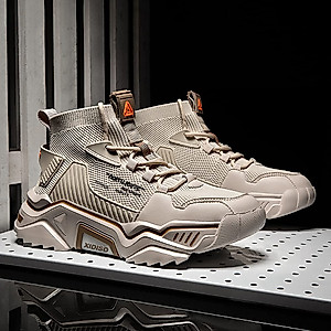 SANNAX Fashion Shoes for Mens High Top Casual Walking Shoes Non Slip Breathable Mesh Lightweight Sneakers Beige 10