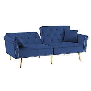 Eafurn Convertible Futon Sofa Bed Folding Sleeper Couch Velvet Upholstered Loveseat w/Nailhead Trim, Metal Legs, 2 Pillows for Compact Living Space, Apartment, Dorm, Bonus Room, Blue 76.7"