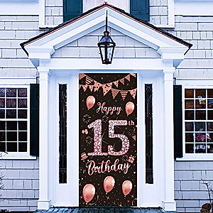 Lnlofen 15th Birthday Door Banner Decorations for Girls, Large 15 Year Old Birthday Party Door Cover Backdrop Supplies, Rose Gold Happy 15th Birthday Poster Sign