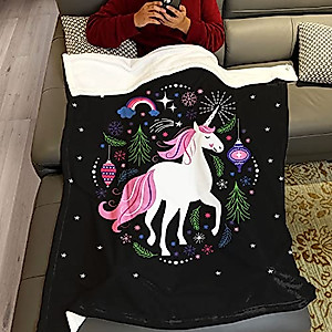 YISUMEI Unicorn Black Throw Blanket Leaves Stars Firework Fleece Blanket Soft Warm Cozy for Sofa Couch Bed 50"x60"