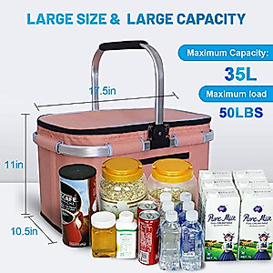 LIQING 35L Large Picnic Basket, Shopping, Travel, Camping Grocery Bags, 2 Layers of Internal Pockets Leak-Proof and Insulated, Folding, Internal Support Does Not Collapse