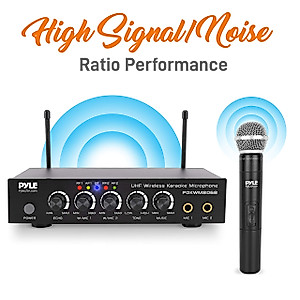 Pyle Portable UHF Wireless Microphone System - Battery Operated Dual Bluetooth Cordless Microphone Set, Includes 2 Handheld Transmitter Mic, Mixer Receiver, RCA, for PA Karaoke DJ Party PDKWM806B
