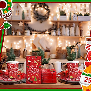 Tioncy 200Pcs Christmas Party Supplies Tableware Set Include 100 9 Inch and 7 Inch Christmas Paper Plates 50 9oz Cups 50 Holiday Lunch Napkin Disposable Christmas Plates Dinnerware Set (Classic Style)