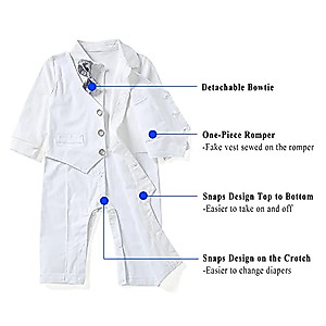 HOSUKKO Baby Suit, One-Piece Romper & Beret & Bow Tie,Toddler Boys Bowtie Outfits Sets for Special Occasion (Long Sleeve, 0-24 Months),White,3-6M