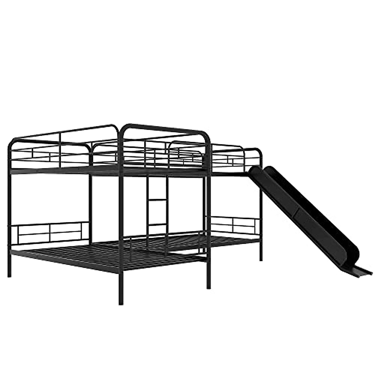 MOEO Twin Size L-Shaped Bunk Bed with Slide, Metal Bunkbed Frame w/Ladder & Safety Guardrail for 4, Bedroom, Home, No Spring Box Needed, Black