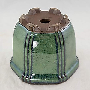 Semi-Cascade Hexagon Dark Green Shohin Bonsai Pot w/Mesh - 4.25"x 4.25"x 3.25"