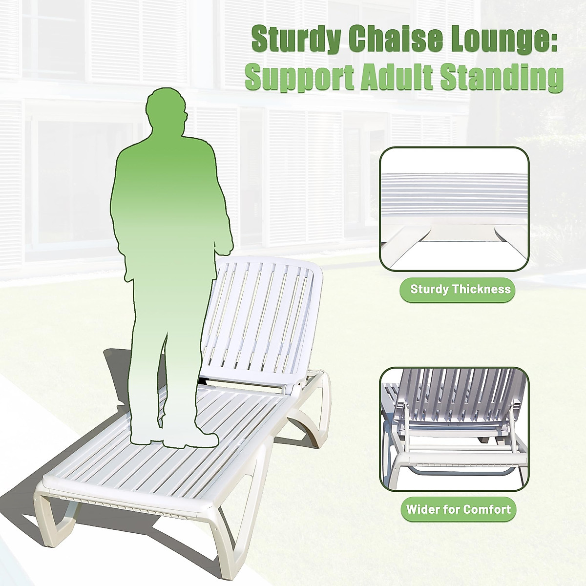 Domi Pool Lounge Chair, Patio Chaise Lounge with 5 Position Adjustable Backrest and Wheels, All Weather Plastic Outdoor Lounge Chairs for Deck Lawn Backyard, White