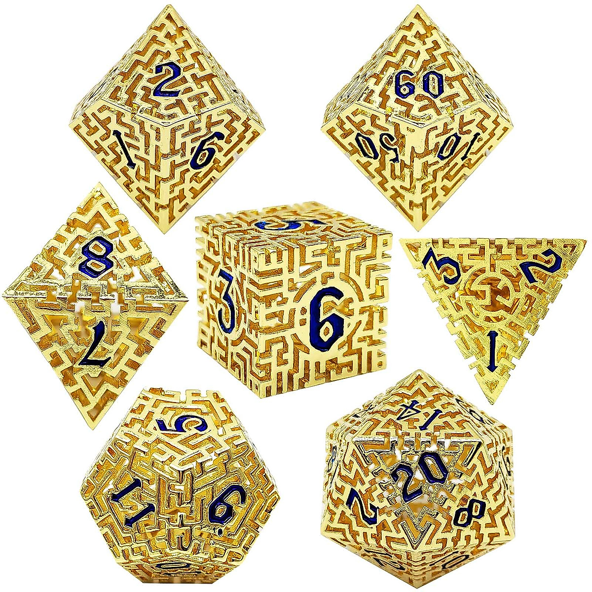 DND Dice Set D&D Metal Dungeons and Dragons Hollow Dice Tabletop Games Polyhedral Pathfinder Multi Sided Roleplaying RPG MTG 7 Board Accessories Gifts D4 D6 D8 D10 D12 D20 (Golden Blue)