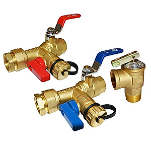 HQMPC Tankless Water Heater Isolation Valves Tankless Water Heater Flush Kit Tankless Valve Kit 3/4" NPT, Including 1 Valve For Hot water,1 Valve For Cold Water, 1 Pressure Relief Valve