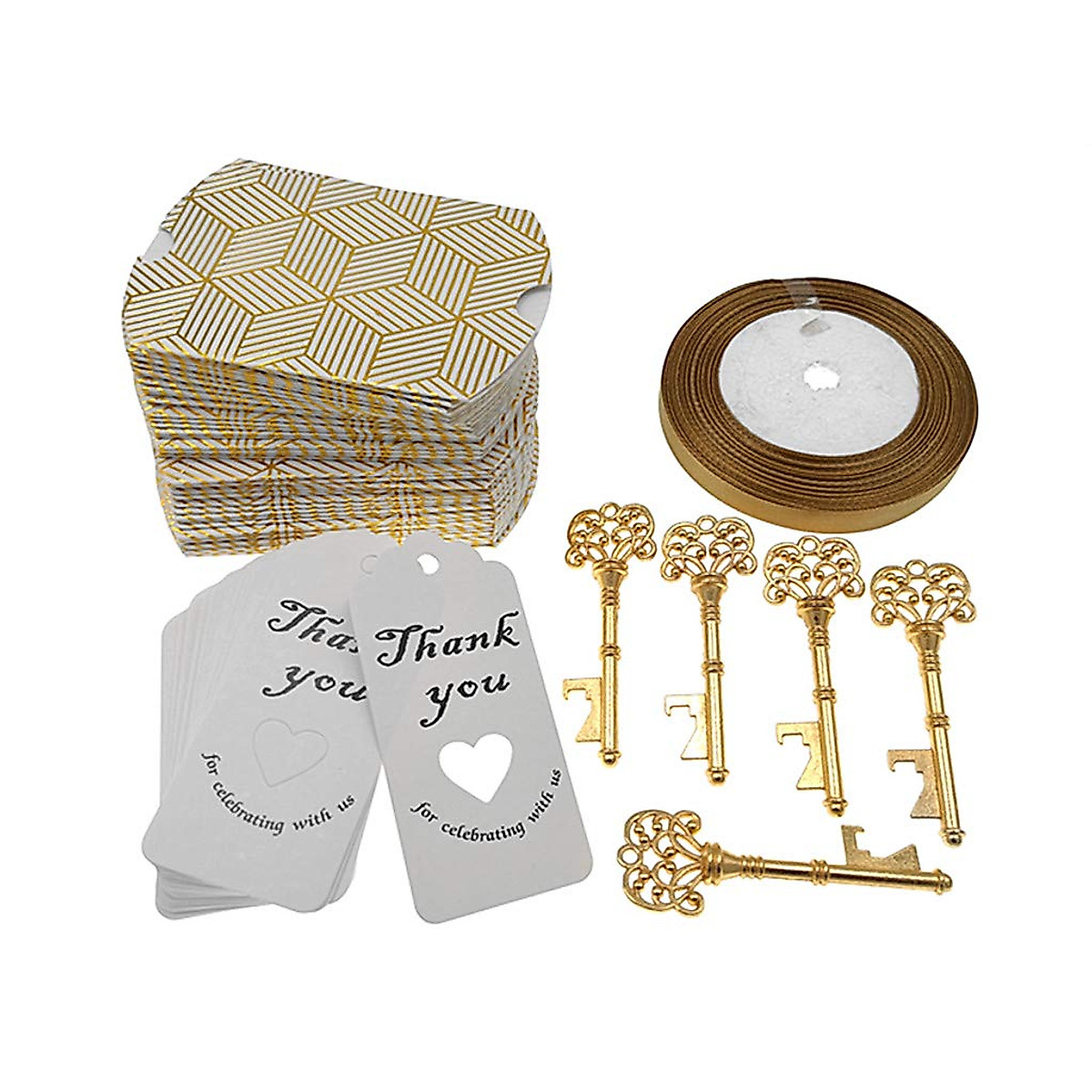 50pcs Skeleton Key Bottle Opener Wedding Party Favor Souvenir Gift with Candy Box and Ribbon(Gold)