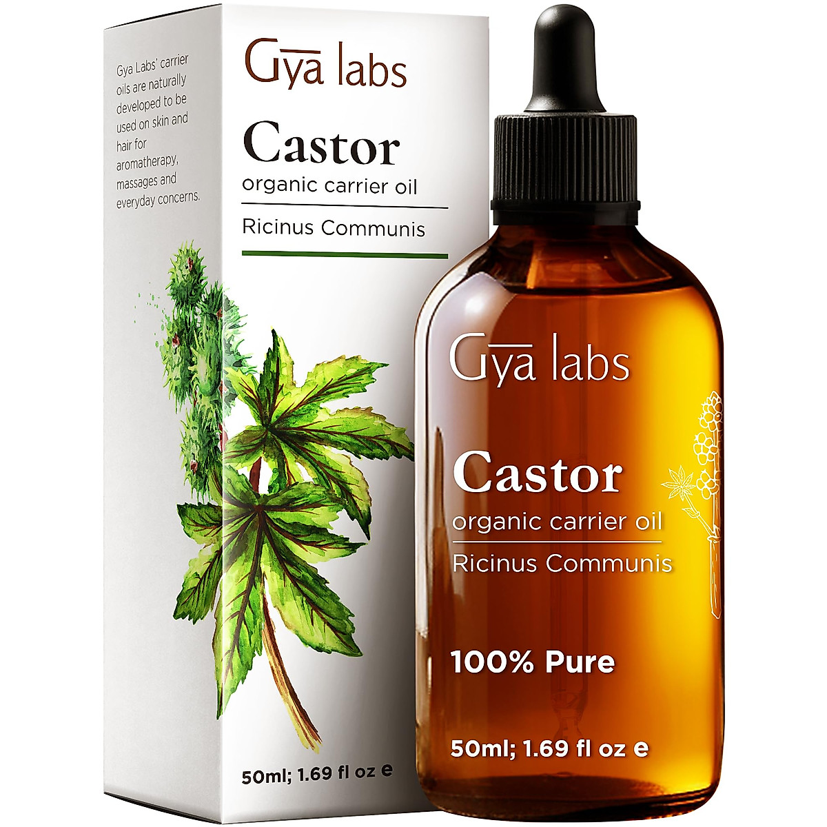 Gya Labs Organic Cosmetics Castor Oil for Eyelashes and Eyebrows - 100% Natural Cold Pressed Castor Oil for Hair, Eyelash & Eyebrow - Unrefined Carrier Oil for Skin (1.7 fl oz + Eyelash Kit)