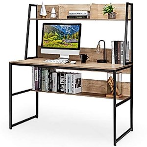 Tangkula Computer Desk with Hutch & Bookshelf, 47 Inches Space Saving Writing Study Table Home Office Desk, PC Laptop Table Workstation with w/ 3 Open Storage Space & Bottom Bookshelf (Natural)