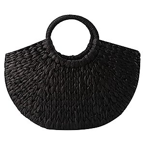 JUNYY Summer Beach Round Bucket Tote Bag For Women Woven Straw Bag Handmade Bohemian Rattan Handbag(Black)