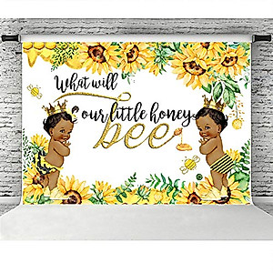 What Will Little Honey Bee Backdrop Gender Reveal Party Decorations for Baby Shower Boy or Girl Gender Reveal Sunflower Background Photo Banner 7x5ft