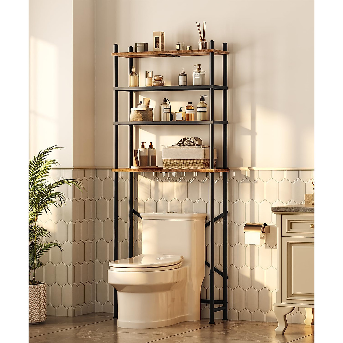 HOOBRO Over The Toilet Storage, 4-Tier Over Toilet Bathroom Organizer, Freestanding Above Toilet Shelf with Adjustable Feet, Space Saving, Easy to Assemble, Rustic Brown and Black BF64TS01