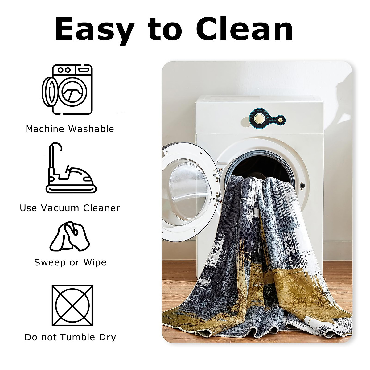 VK·LIVING Machine Washable Rug 5'x7' Abstract Washable Area Rugs for Living Room Non Slip Rugs for Bedroom Modern Woven Rug Boho Rug Soft Carpet Kitchen Dining Rugs Home Decor Office Rug (Black)