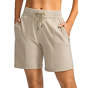 Soothfeel Women's Hiking Cargo Shorts with 4 Pockets 7 Inch Long Quick Dry Athletic Golf Shorts for Women Casual Summer (Khaki, Large)