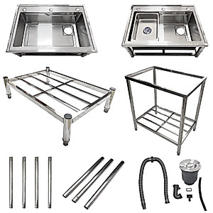 Freestanding Stainless Steel Sink Commercial Restaurant Sink Single Bowl Outdoor Sink with Cold and Hot Water Pipe Undershelf Faucet for Cafe, Bar,Hotel,Garage,Laundry Room,28.3"D x 19.3"W x 31.5"H