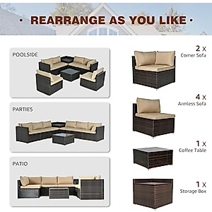 IJIALIFE 8 Pieces Patio Furniture Set, All-Weather Sectional Sofa PE Rattan Wicker Patio Outdoor Conversation Set with Thickened Cushions and Coffee Table (Brown Wicker/Khaki Cushion)