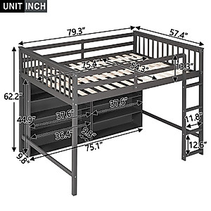 SOFTSEA Full Size Loft Bed with Storage, Solid Wood Loft Bed with Open Storage Shelves, Multi-Functional Loft Bed Frame with Ladder for Kids Boys Girls Teens, Gray