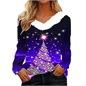 SKDOGDT Womens Christmas Shirts Winter Warm Xmas Tree Graphic Long Sleeve Holiday Tops Dressy Casual V Neck Sweatshirts Tops