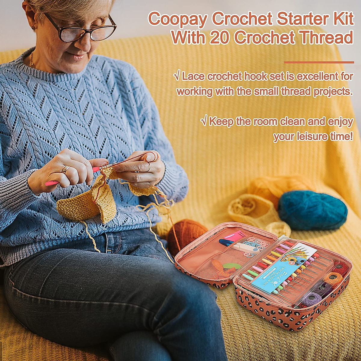 Coopay Crochet Kit Beginners Lace Crochet Hook Set with 20 Color Crochet Thread, 71PCS Crochet Set with Tiny Crochet Hooks Ergonomic Soft Grip, Travel Crochet Hook Case Full Knitting Crochet Supplies