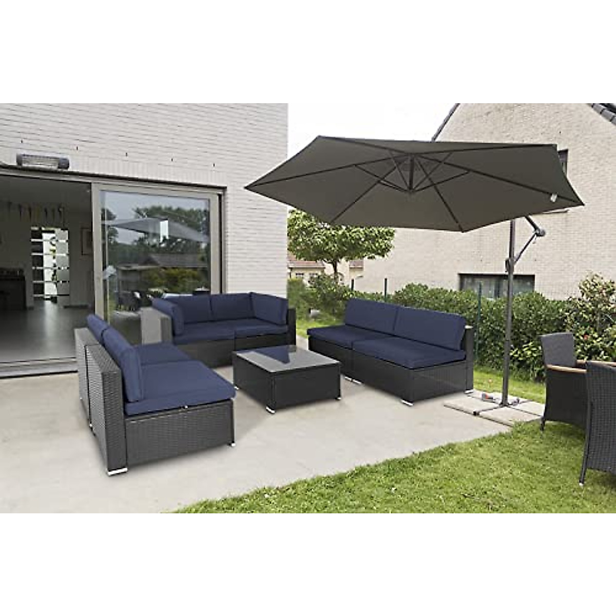 SUNCROWN 7-Piece Outdoor Patio Furniture Sofa Set All-Weather Wicker Sectional Cushioned Washable Seat Conversation Set with Modern Glass Coffee Table and Cushions (Dark Blue)