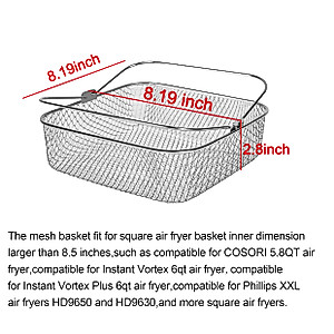 Air fryer Basket 8.19inch Square Air Fryer Basket Compatible for Instant Vortex Air Fryer,Air Fryer Accessories Compatible for COSORI,Mesh Basket for Air Fryer