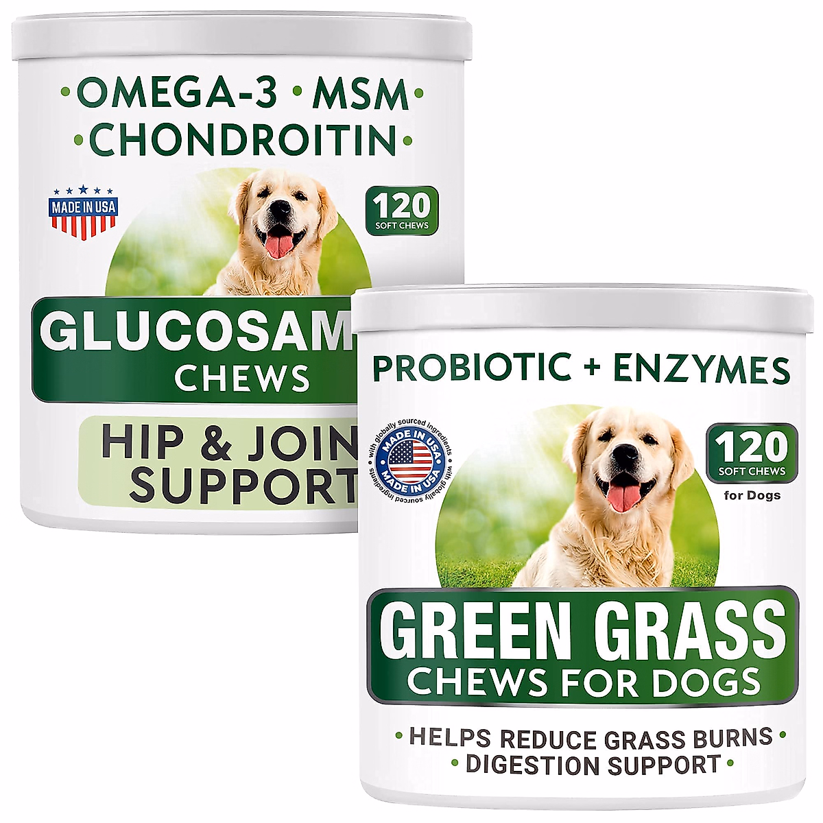 Glucosamine Dog Treats + Grass Treatment for Dog Urine Bundle - Hip Support and Joint Pain Relief Supplement w/ Chondroitin, MSM, Omega-3 + Pee Lawn Repair w Probiotics - Dog Urine Neutralizer
