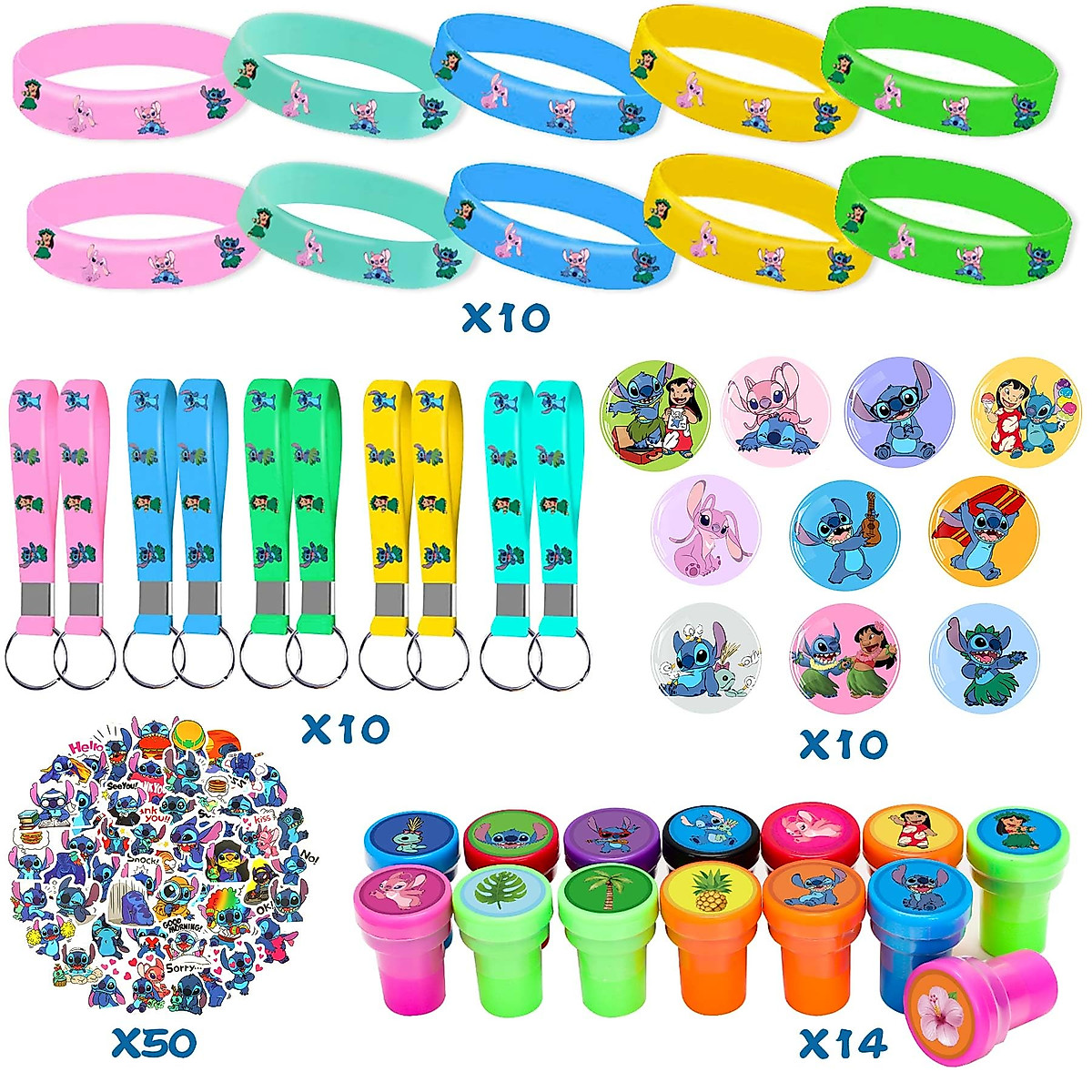 94Pcs Cartoon Party Supplies Birthday Party Favors, Include 10 Silicone Wristband,10 Button Pins,10 Key Chains,14 Stamps, 50 Stickers for Kids, Best for Goodie Bags