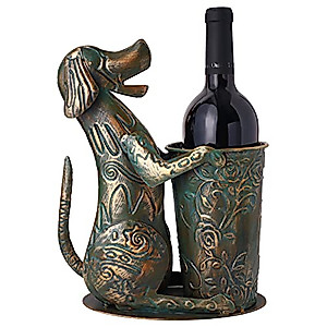 FANWNKI Metal Wine Bottle Holder Bronze Dog Sculpture Wine Rack Home Kitchen Tabletop Decor 11.4Inch