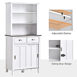 HOMCOM 67" Freestanding Buffet with Hutch, Kitchen Pantry Storage Cabinet with Sliding Doors, Drawers and Open Shelves, Adjustable Shelving, White
