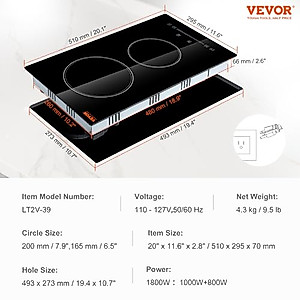 VEVOR Built in Electric Stove Top, 12 inch 2 Burners, Glass Radiant Cooktop with Sensor Touch Control, Timer & Child Lock Included, 9 Power Levels for Simmer Steam Slow Cook Fry,110V with US Plug