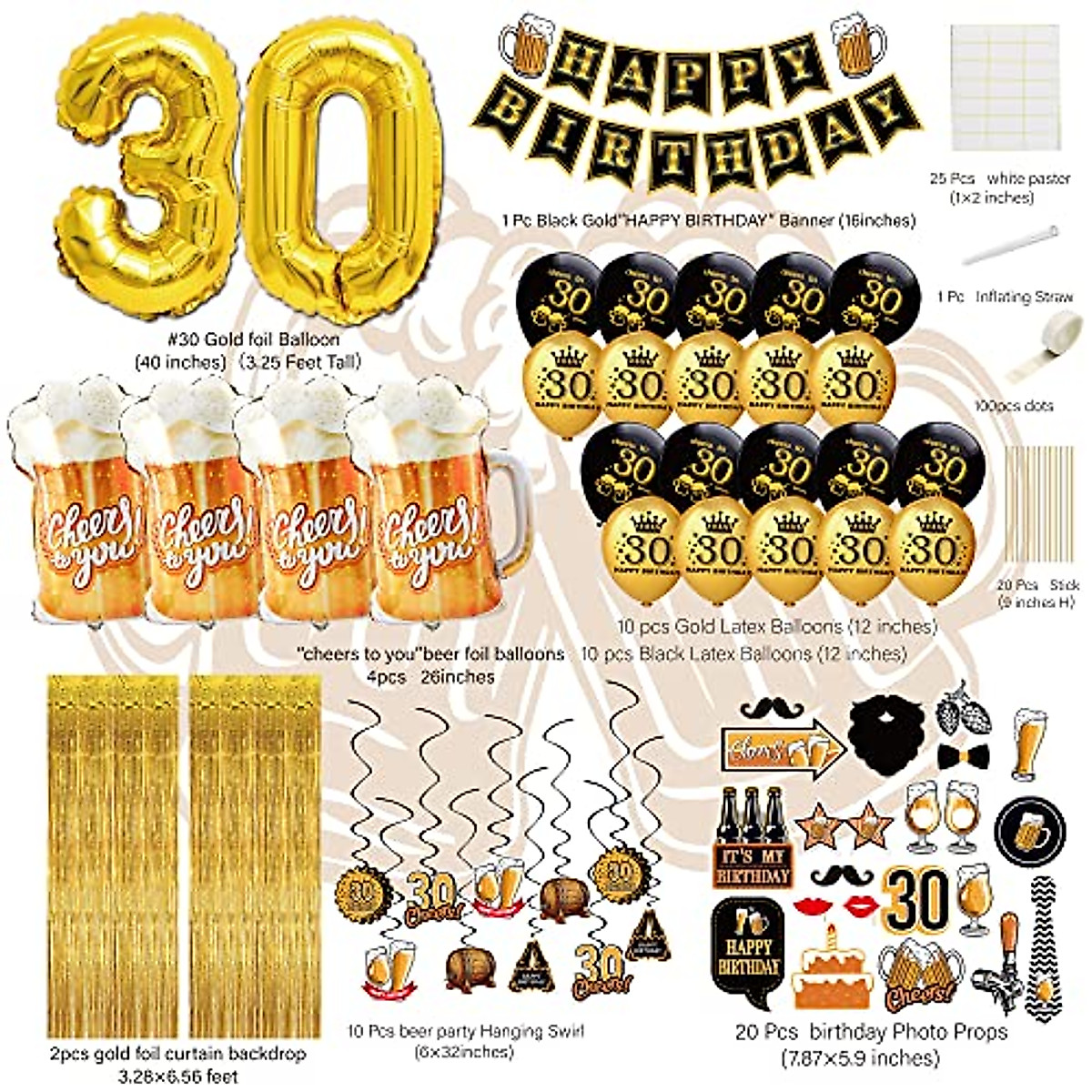 30th birthday decorations for him men - (60pcs) black gold party Banner, 40 Inch Gold Number Balloons,30th Sign Latex Balloon,Fringe Curtains and cheers to you Foil Balloons,Hanging Swirl,photo props