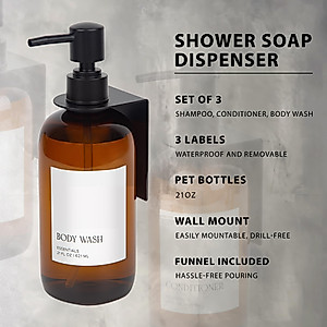 Stylish Shampoo and Conditioner Dispenser Set of 3 for Wall Mount - Modern Drill Free 21oz Shower Soap Bottles with Labels - Easy Refill Body Wash Dispensers for an Instant Bathroom Decor Upgrade