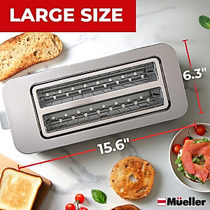Mueller UltraToast Full Stainless Steel Toaster 4 Slice, Long Extra-Wide Slots with Removable Tray, Cancel/Defrost/Reheat Functions, 6 Browning Levels with LED Display