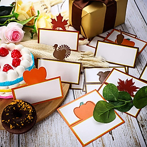 Outus 25 Pieces Thanksgiving Greeting Place Cards 4 x 2 Inch Fall Guest Seating Tent Cards Autumn Table Name Place Cards with Pumpkin Turkey Witch Hat Design for Thanksgiving Dinner Party Supplies