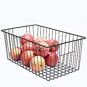 16inch Freezer Wire Storage Organizer Baskets, Refrigerator Metal Bins with Handles for Kitchen, Pantry, Cabinet, Closets - Set of 4 (Black 4)