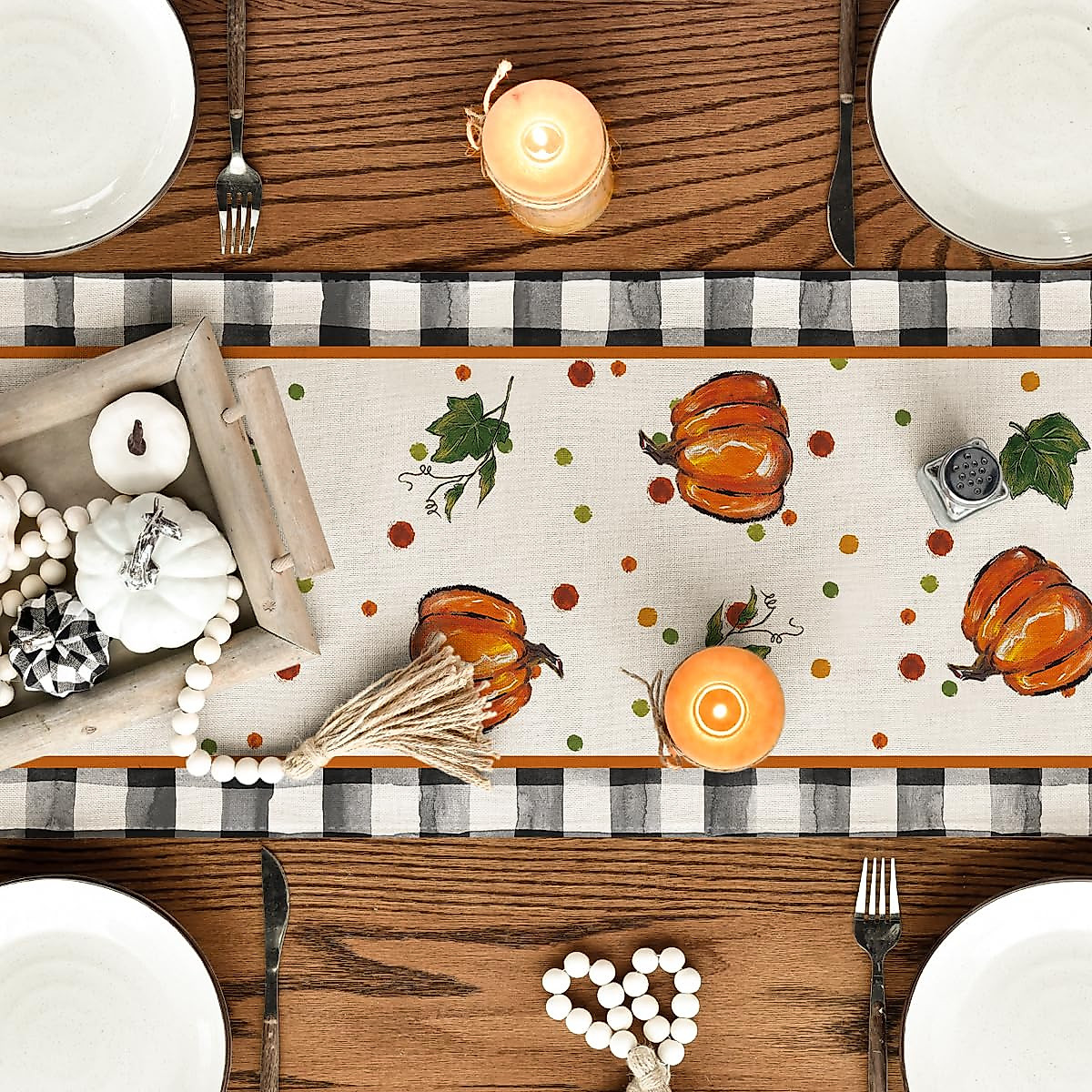Artoid Mode Pumpkin Bow Buffalo Plaid Fall Table Runner,Seasonal Autumn Kitchen Dining Table Decoration for Home Party Decor 13x72 Inch