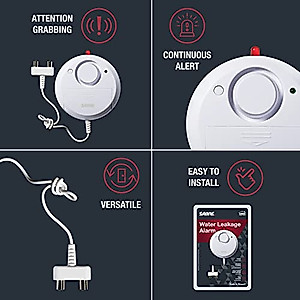 SABRE Water Leakage Alarm, 110 dB Alarm, Audible Up To 1,500-Feet (457-Meters), All Direction Water Sensor, High and Low Volume Settings, Battery Test Button