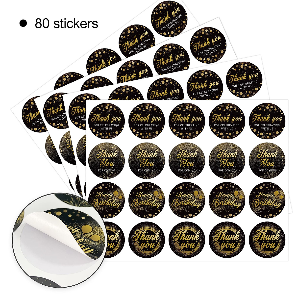 80 Black Gold Birthday Thank You Stickers, Big Milestone Bday Party Favor Labels, Birthday Stickers for All Ages