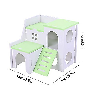 TEHAUX Wooden Hamster House- Double Layers Small Pet Playground with Slide, Hamster Hideout Hut Play Toys for Dwarf Hamster, Mouse, Rat and Other Small Animals (Green)