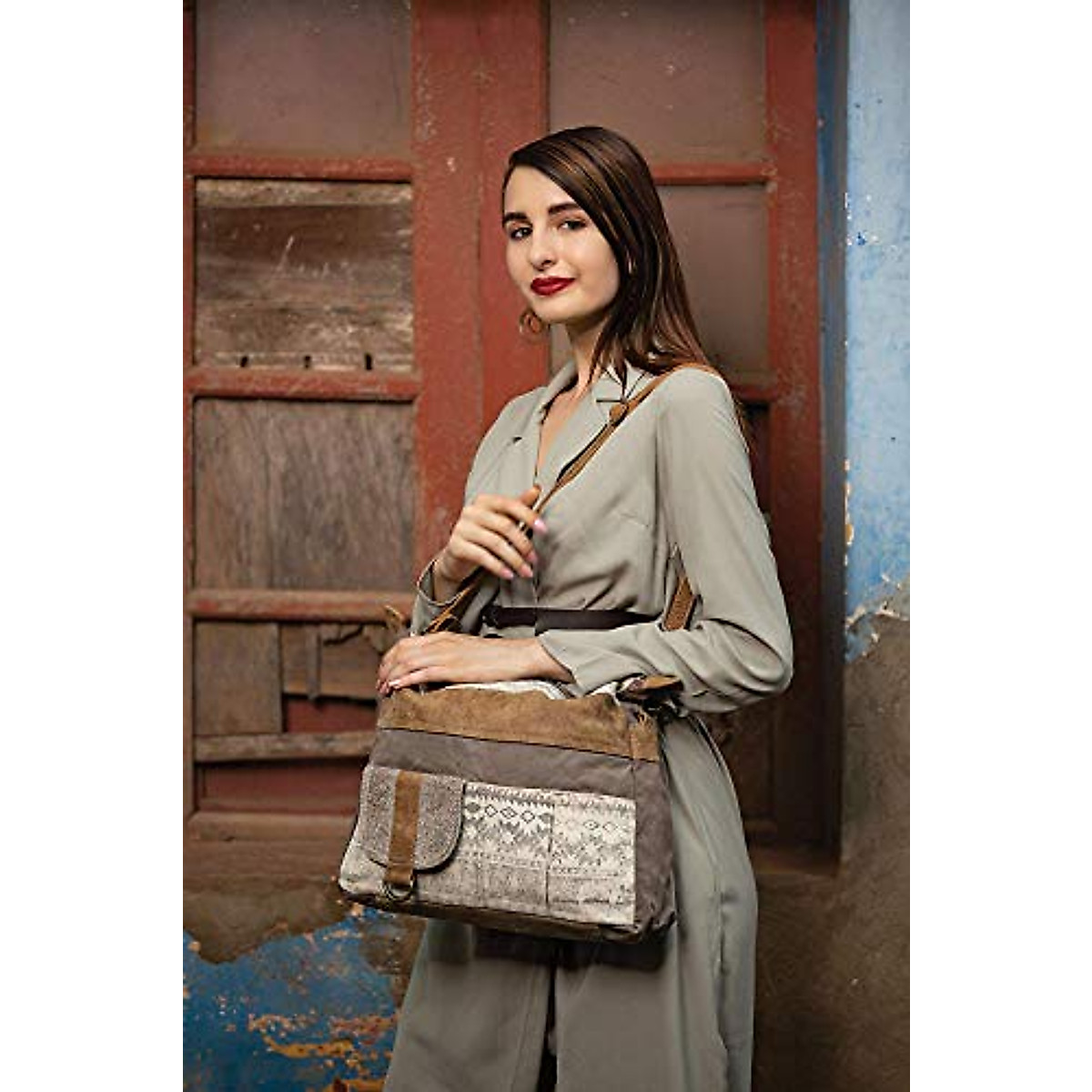 Myra Bag Tribe Strip Upcycled Canvas & Cowhide Leather Bag S-1210