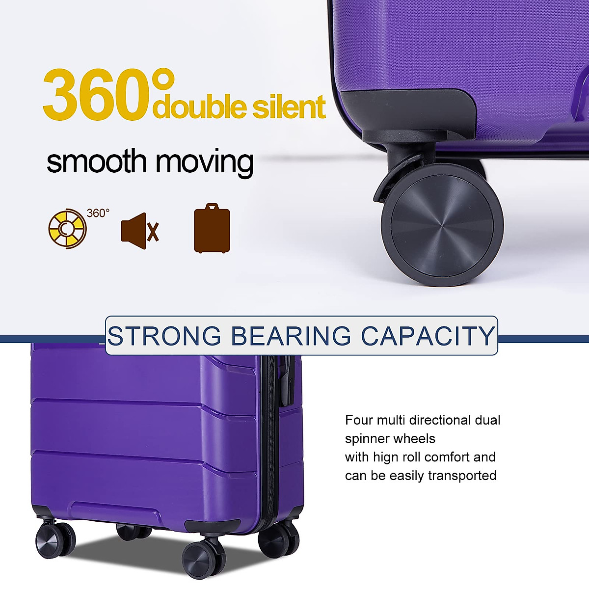 Travelhouse Amalodie Hardshell Upright Spinner Wheel Suitcase Set PP ABS, Lightweight Checked Carry-On Luggage 3-Piece Set with Spinner Wheels TSA Locks 20" 24" 28" (Jet Purple)