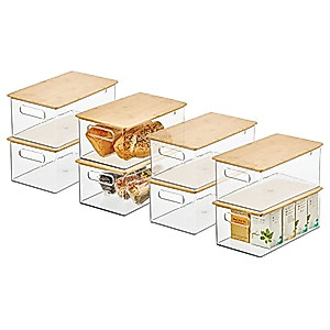 mDesign Plastic Stackable Storage Organizer Container Bin with Handles, Bamboo Wood Lid; for Kitchen, Pantry, Cabinet Organization; Holds Packaged Food, Snacks; Ligne Collection, 8 Pack, Clear/Natural