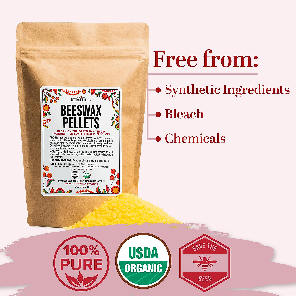 Better Shea Butter Organic Beeswax Pellets | Use it to make Candles, Food Wraps, Furniture Polish, Lip Balms | Food Grade, 100% Pure, Yellow Beeswax Pastilles | 1 LB (16 oz)