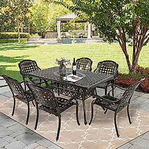 MEETWARM 7-Piece Outdoor Furniture Dining Set, All Weather Cast Aluminum Patio Garden Set with 6 Chairs, 1 Rectangular Table, 2" Umbrella Hole, Dark Bronze